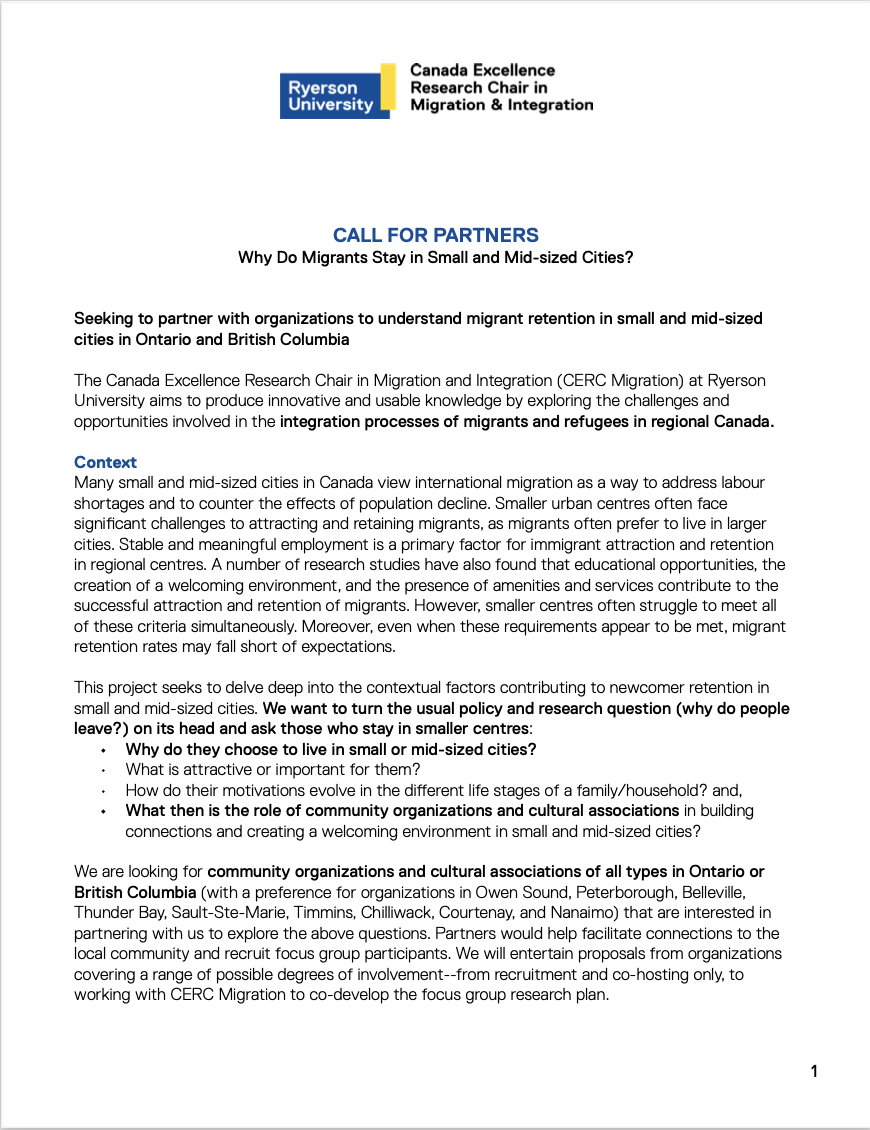Call for partners - CERC in Migration and Integration - Toronto ...